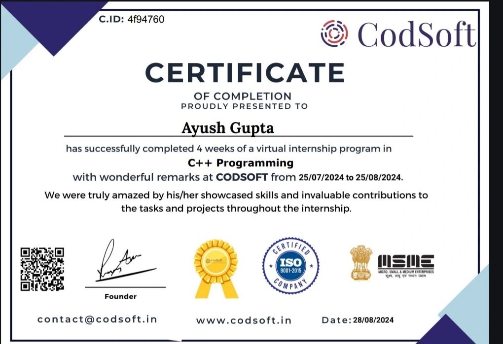 Ayush Gupta on LinkedIn: #cplusplus #programming #internship #codsoft # ... Ayush Gupta on LinkedIn: #cplusplus #programming #internship #codsoft # ...
