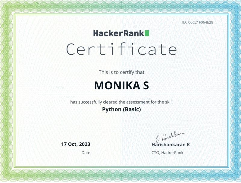 MONIKA S on LinkedIn: #hackerrank MONIKA S on LinkedIn: #hackerrank