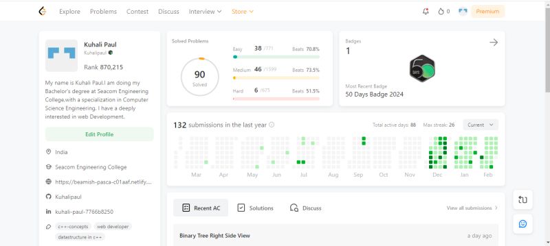 Sharing my journey on LeetCode | Kuhali Paul posted on the topic | LinkedIn Sharing my journey on LeetCode | Kuhali Paul posted on the topic | LinkedIn