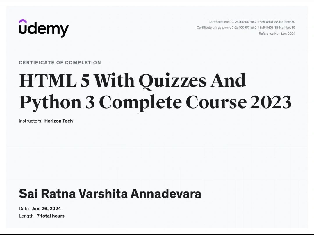 Completed HTML and Python course on Udemy | Sai Ratna Varshita ... Completed HTML and Python course on Udemy | Sai Ratna Varshita ...