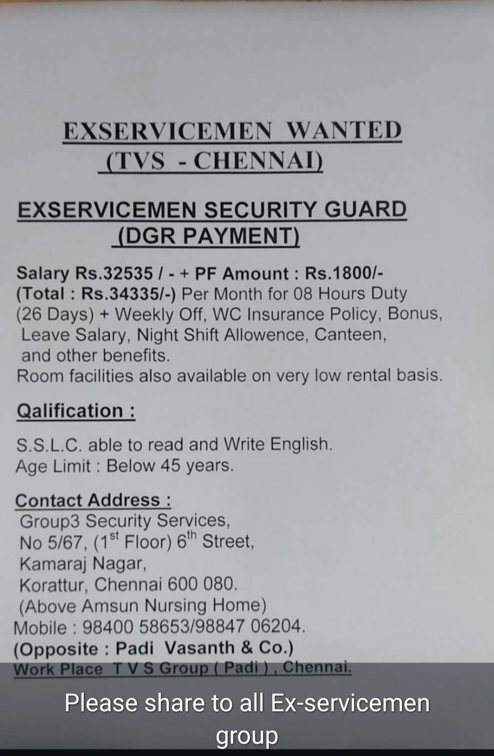 DEAR ALL, JOB FOR EX SERVICEMEN.. KINDLY CIRCULATE ALL OF YOUR GROUP ... DEAR ALL, JOB FOR EX SERVICEMEN.. KINDLY CIRCULATE ALL OF YOUR GROUP ...