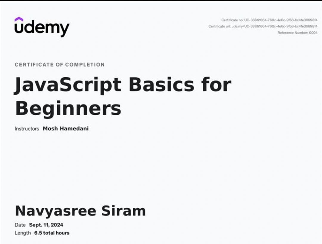 navyasree siram on LinkedIn: Successfully completed JavaScript Basics ... navyasree siram on LinkedIn: Successfully completed JavaScript Basics ...