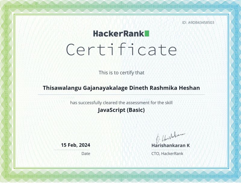 Dineth Rashmika on LinkedIn: #hackerrank #javascript #certification # ... Dineth Rashmika on LinkedIn: #hackerrank #javascript #certification # ...