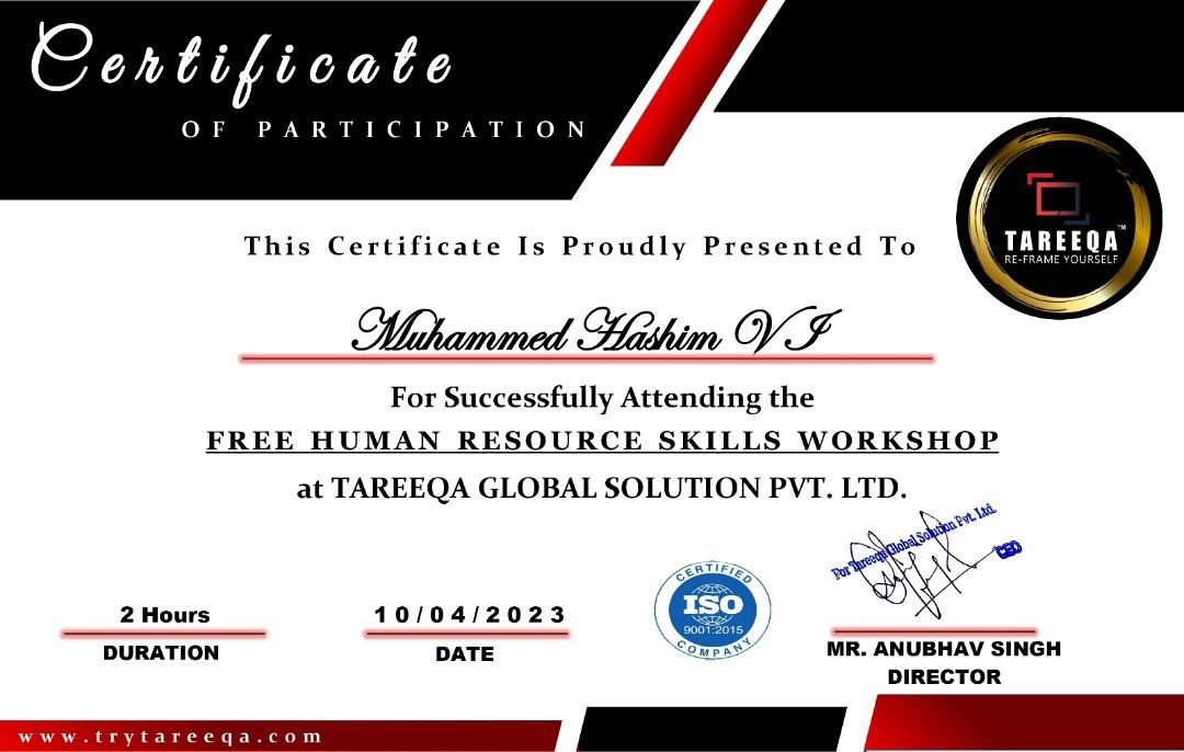 Muhammed Hashim V I on LinkedIn: #workshopcertificate Muhammed Hashim V I on LinkedIn: #workshopcertificate