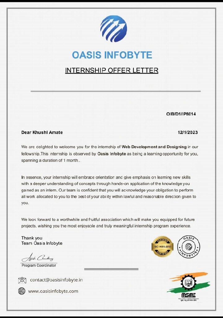 Khushi Amate on LinkedIn: #internship #webdev #design #oasisinfobyte Khushi Amate on LinkedIn: #internship #webdev #design #oasisinfobyte