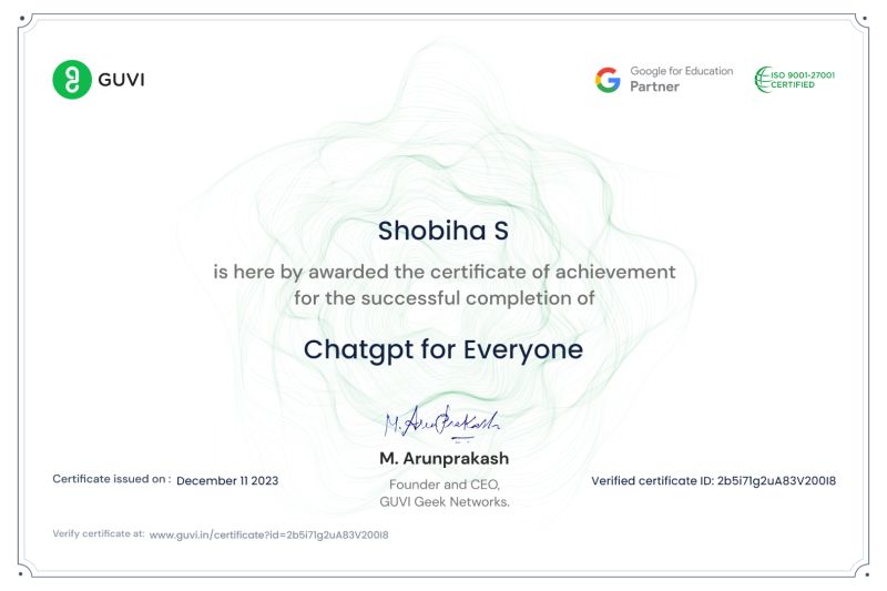 #chatgpt #ai #learningjourney #guvicertification | Shobiha Satheesh Kumar #chatgpt #ai #learningjourney #guvicertification | Shobiha Satheesh Kumar