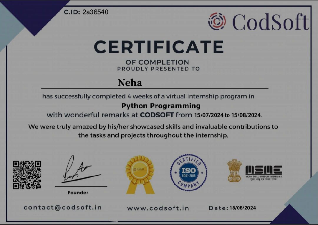 Neha Kaushik on LinkedIn: #internshipcertificate #pythonprojects # ... Neha Kaushik on LinkedIn: #internshipcertificate #pythonprojects # ...