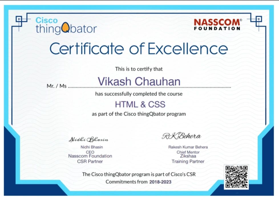 Vikash Chauhan on LinkedIn: #certificateofexcellence #html #css #fullstack Vikash Chauhan on LinkedIn: #certificateofexcellence #html #css #fullstack