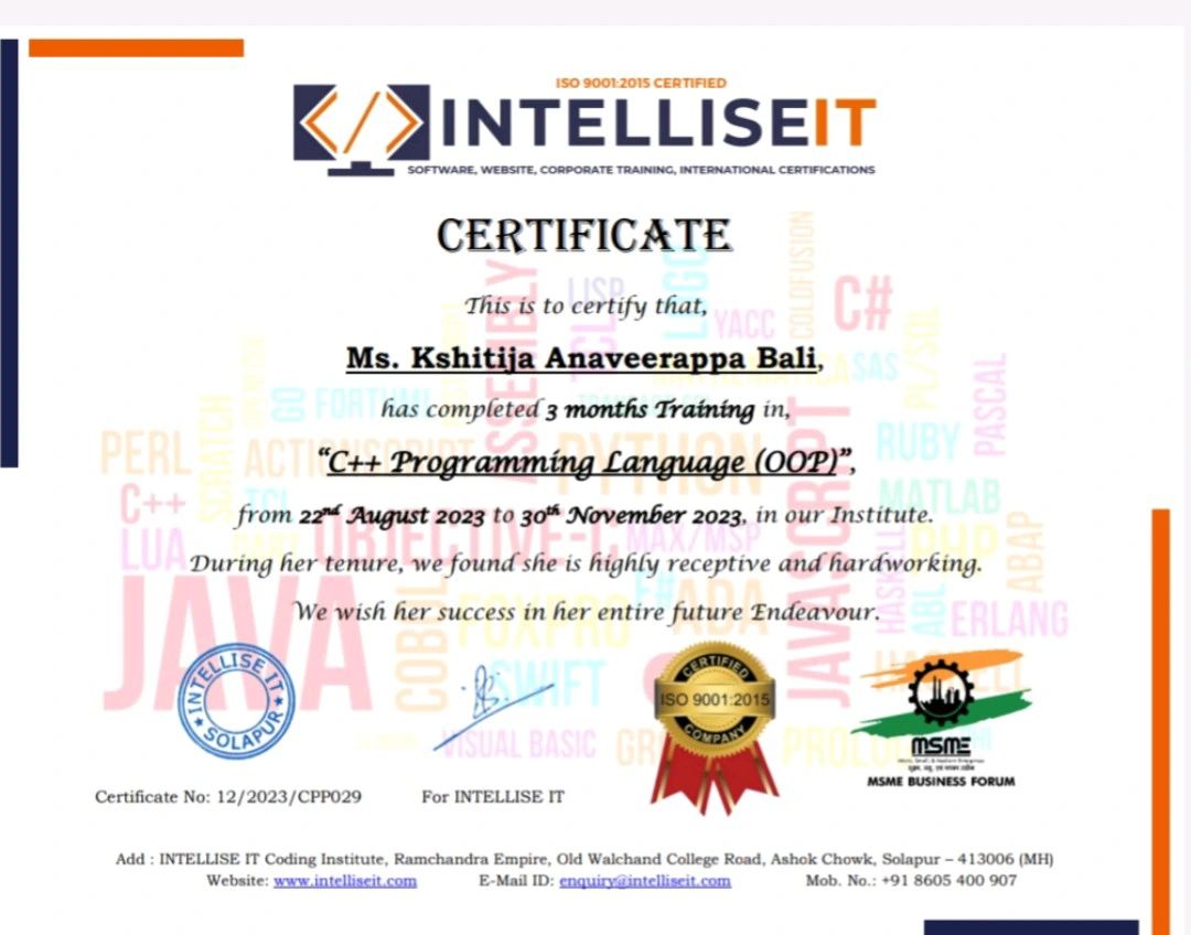 Kshitija bali on LinkedIn: #cplusplus #coding #certification #intellise Kshitija bali on LinkedIn: #cplusplus #coding #certification #intellise
