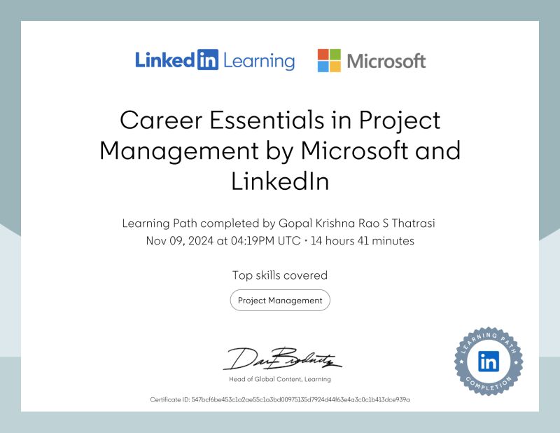 Gopal Krishna Rao S Thatrasi on LinkedIn: Certificate of Completion Gopal Krishna Rao S Thatrasi on LinkedIn: Certificate of Completion