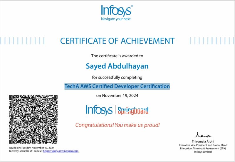 Sayed Abdulhayan on LinkedIn: Completed TechA AWS Certified Developer ... Sayed Abdulhayan on LinkedIn: Completed TechA AWS Certified Developer ...