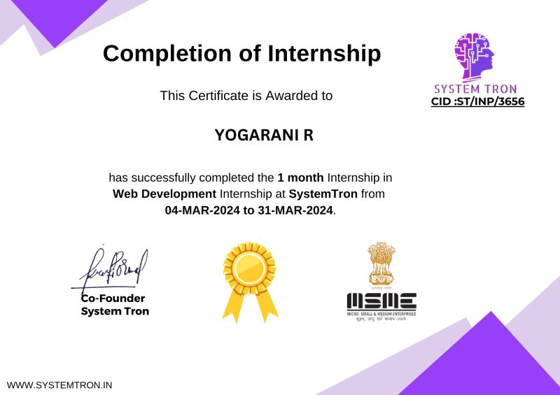 Yogarani R on LinkedIn: #systemtron #completioncertificate #intern Yogarani R on LinkedIn: #systemtron #completioncertificate #intern