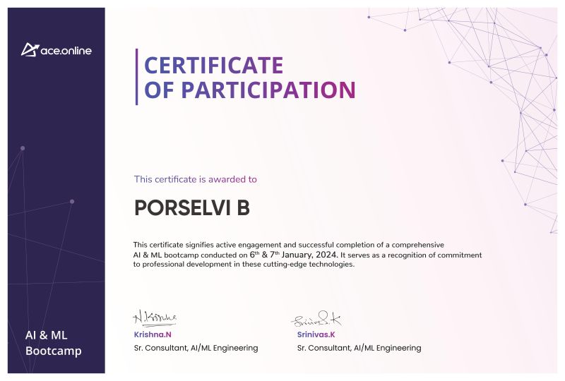 Completed an amazing AI & ML bootcamp | Porselvi B posted on the topic ... Completed an amazing AI & ML bootcamp | Porselvi B posted on the topic ...