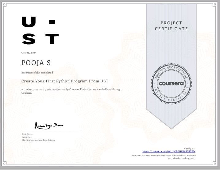 Completed Python course on coursera | Pooja Saravanan posted on the ... Completed Python course on coursera | Pooja Saravanan posted on the ...