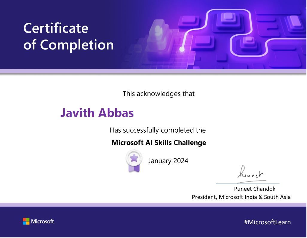 Completed AI Odyssey Challenge with MSLearn | Javith Abbas posted on ... Completed AI Odyssey Challenge with MSLearn | Javith Abbas posted on ...