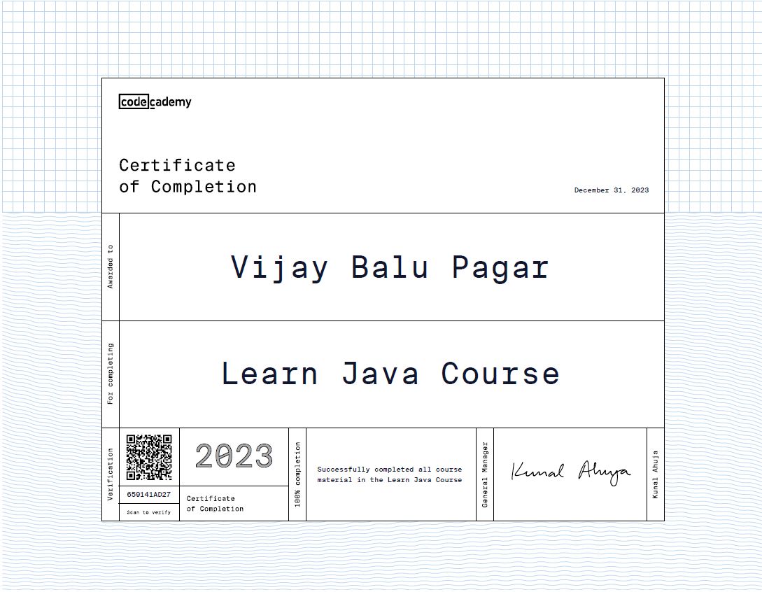 Graduated from Learn Java course | Vijay Pagar posted on the topic ... Graduated from Learn Java course | Vijay Pagar posted on the topic ...