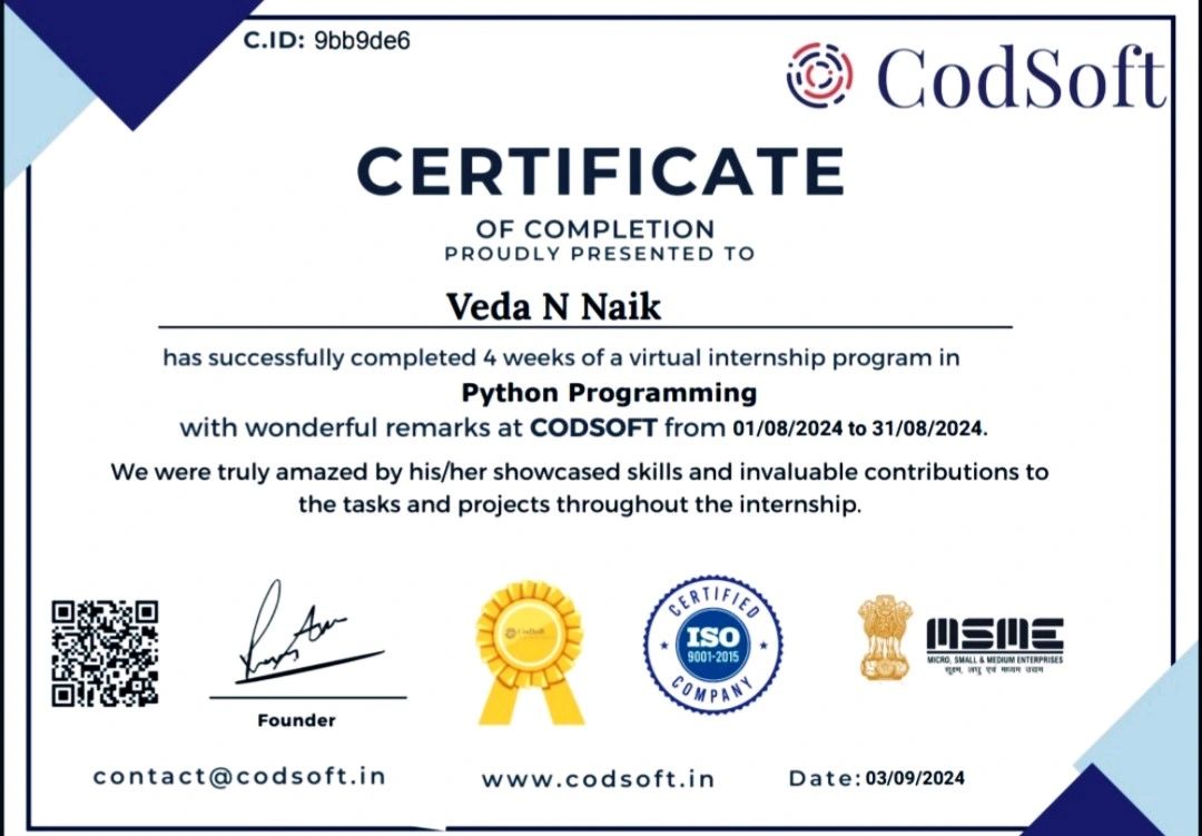 Veda Naik on LinkedIn: #codesoft #internship #achievement #python Veda Naik on LinkedIn: #codesoft #internship #achievement #python