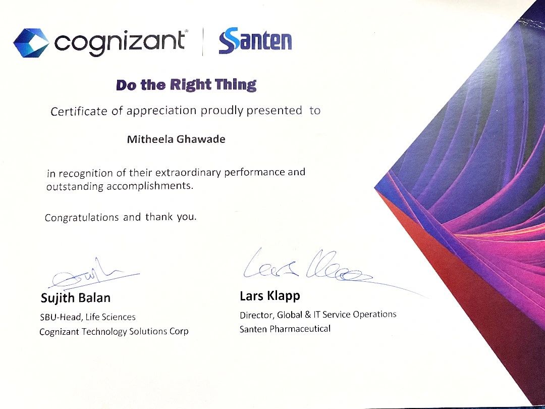 Mitheela Ghawade on LinkedIn: #appreciation #cognizant Mitheela Ghawade on LinkedIn: #appreciation #cognizant