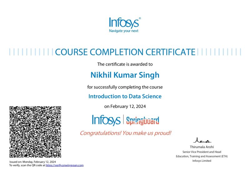 Completed Data Science course at Infosysspringboard | Nikhil Kumar ... Completed Data Science course at Infosysspringboard | Nikhil Kumar ...