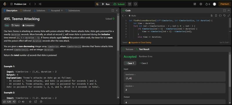 Akshaya D on LinkedIn: Leetcode completion on Teemo Attacking using C ... Akshaya D on LinkedIn: Leetcode completion on Teemo Attacking using C ...