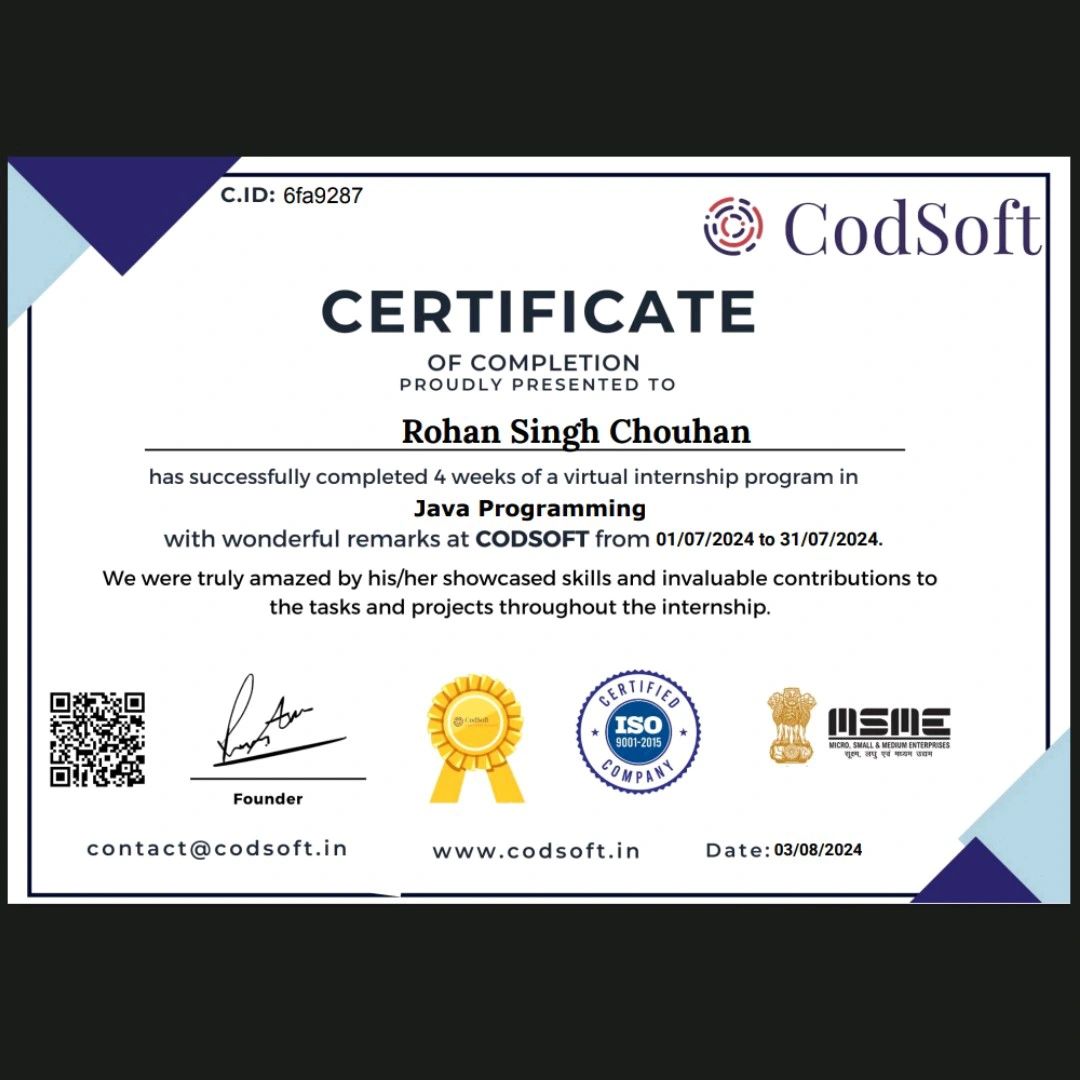 ROHAN SINGH CHOUHAN on LinkedIn: #javaprogramming #internship #codsoft ... ROHAN SINGH CHOUHAN on LinkedIn: #javaprogramming #internship #codsoft ...