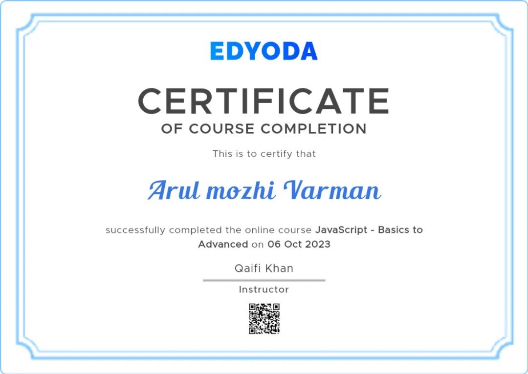 Arul mozhi Varman on LinkedIn: I completed javascript basic to advanced ... Arul mozhi Varman on LinkedIn: I completed javascript basic to advanced ...