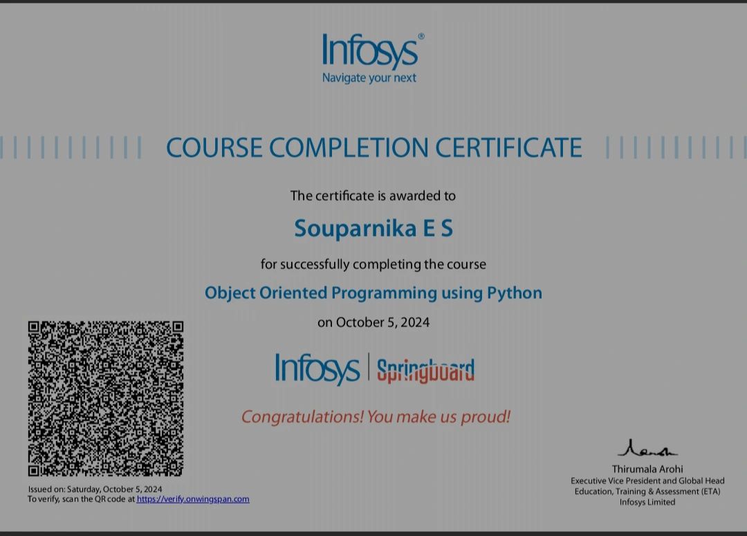 Souparnika Suresh on LinkedIn: Successfully completed course on object ... Souparnika Suresh on LinkedIn: Successfully completed course on object ...