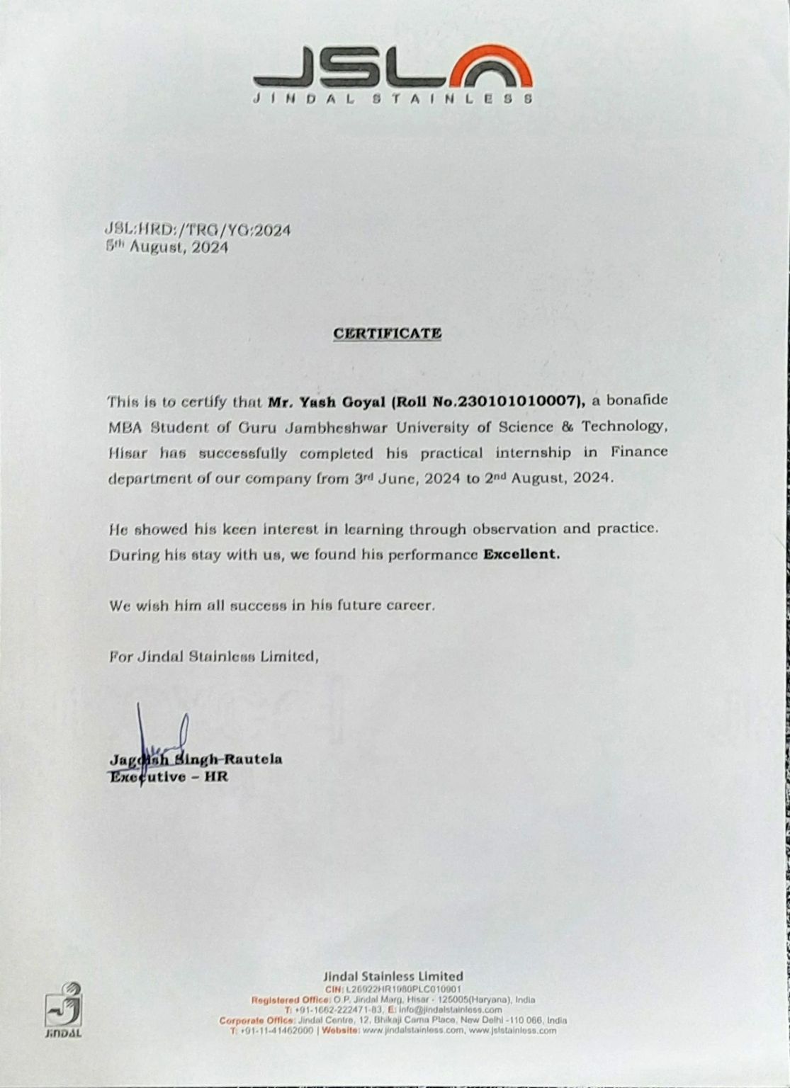 Yash Goyal on LinkedIn: #internshipcertificate #finance #jindalstainless Yash Goyal on LinkedIn: #internshipcertificate #finance #jindalstainless
