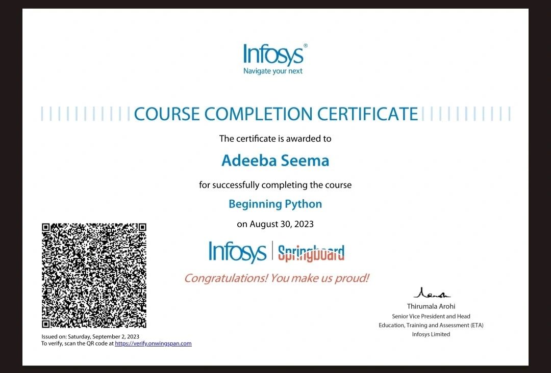 Adeeba Seema on LinkedIn: #python #infosysspringboard #certification # ... Adeeba Seema on LinkedIn: #python #infosysspringboard #certification # ...