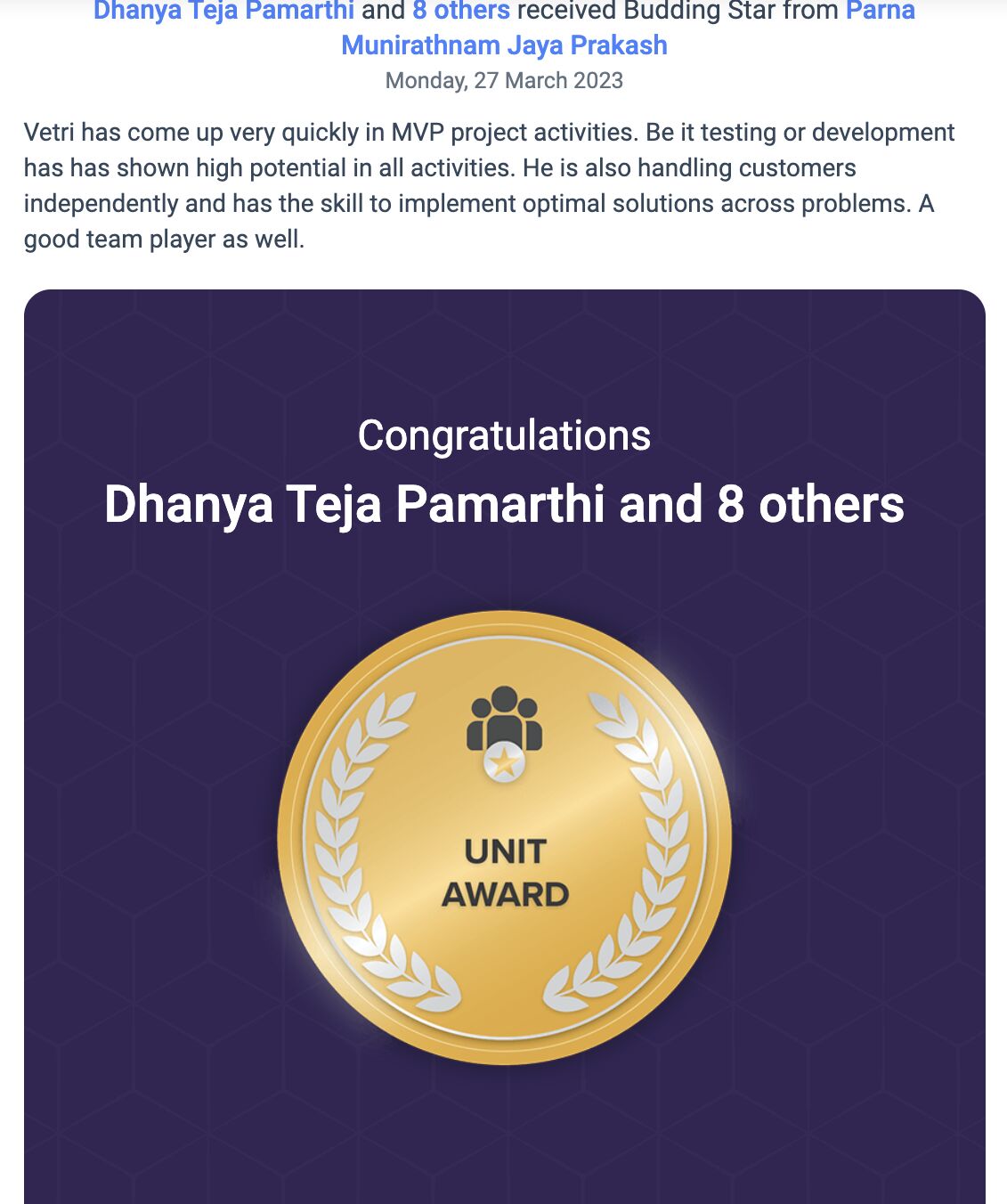 Dhanyateja Pamarthi on LinkedIn: Awarded as Budding star. #Wipro # ... Dhanyateja Pamarthi on LinkedIn: Awarded as Budding star. #Wipro # ...