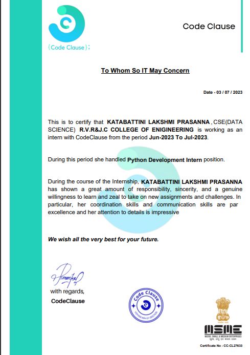 #intern #internship #codeclause #gratitude | Lakshmi Prasanna Katabattini #intern #internship #codeclause #gratitude | Lakshmi Prasanna Katabattini