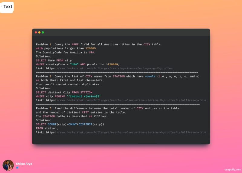 Shilpa Arya on LinkedIn: Hey Everyone, I have solved SQL questions from ... Shilpa Arya on LinkedIn: Hey Everyone, I have solved SQL questions from ...