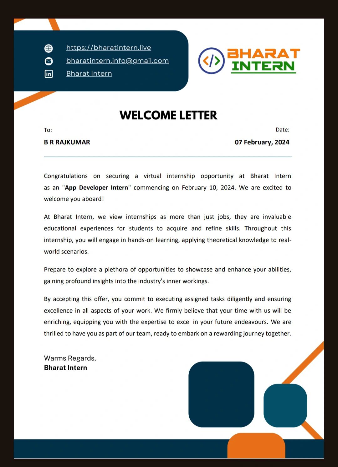 Raj Kumar B R on LinkedIn: #appdeveloper #bharatintern #internship Raj Kumar B R on LinkedIn: #appdeveloper #bharatintern #internship