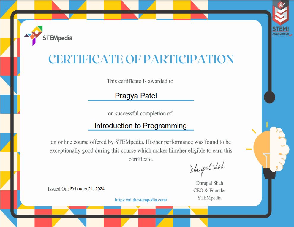 Pragya Patel on LinkedIn: #stempedia #programming #certification # ... Pragya Patel on LinkedIn: #stempedia #programming #certification # ...