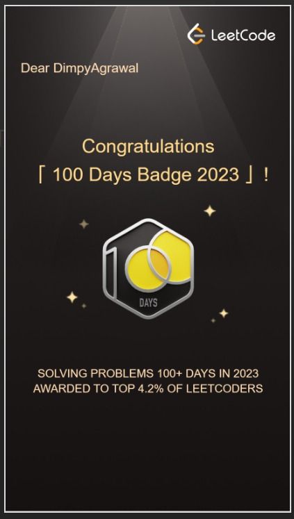 Achieved 100 Days of Solving on LeetCode in 2023 | Dimpy Agrawal posted ... Achieved 100 Days of Solving on LeetCode in 2023 | Dimpy Agrawal posted ...