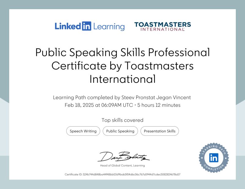 Just finished the learning path “Public Speaking Skills Professional ... Just finished the learning path “Public Speaking Skills Professional ...