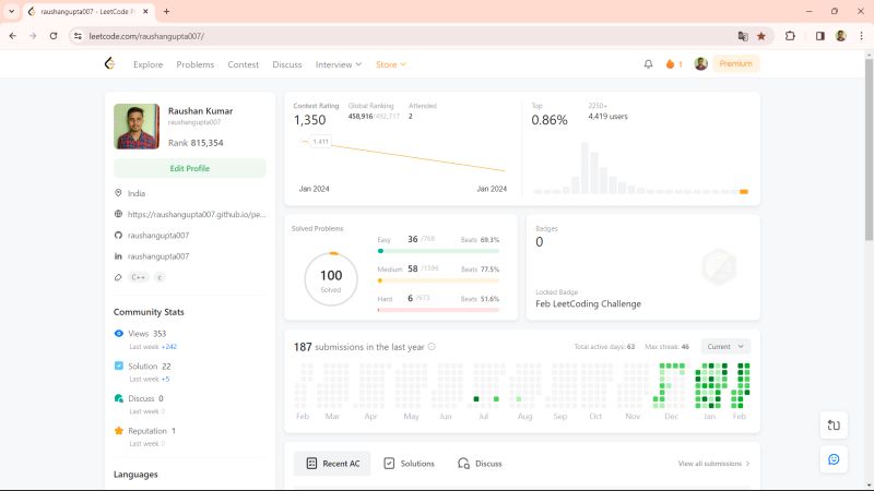 Raushan Gupta on LinkedIn: 🎉 100 Questions Solved on LeetCode! Hello ... Raushan Gupta on LinkedIn: 🎉 100 Questions Solved on LeetCode! Hello ...