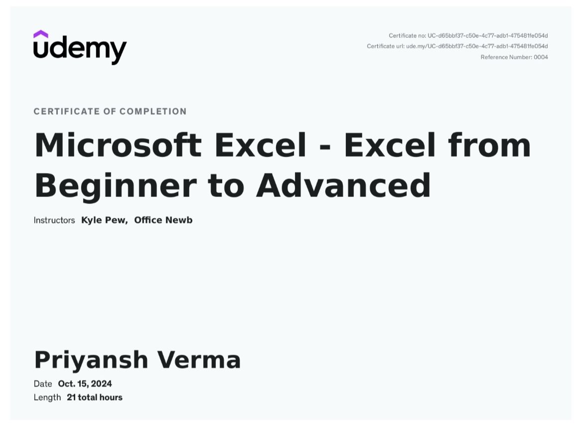 #udemy #excel #advanced #certificate | Priyansh Verma #udemy #excel #advanced #certificate | Priyansh Verma