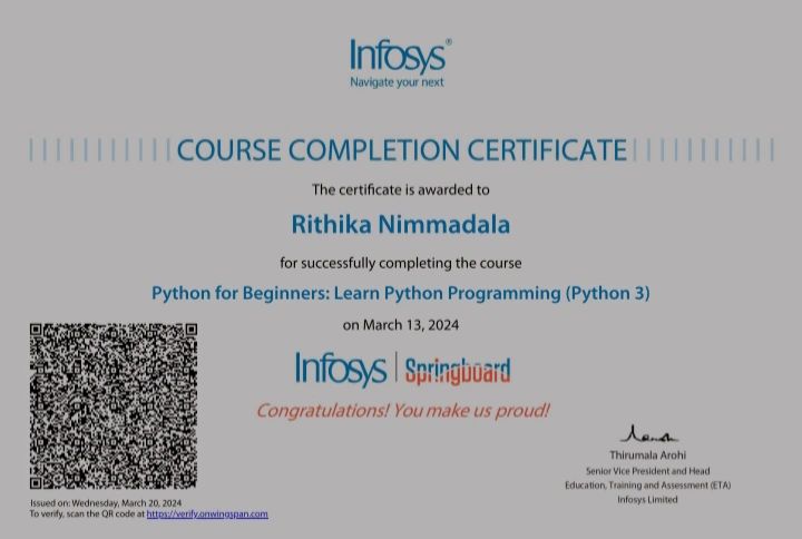 Rithika Nimmadala on LinkedIn: #python #techskills #infosysspringboard Rithika Nimmadala on LinkedIn: #python #techskills #infosysspringboard