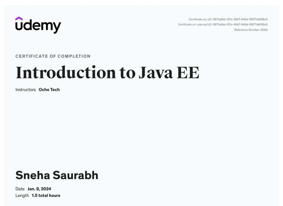 Sneha Saurabh on LinkedIn: #udemy #javaee #certificationdone Sneha Saurabh on LinkedIn: #udemy #javaee #certificationdone