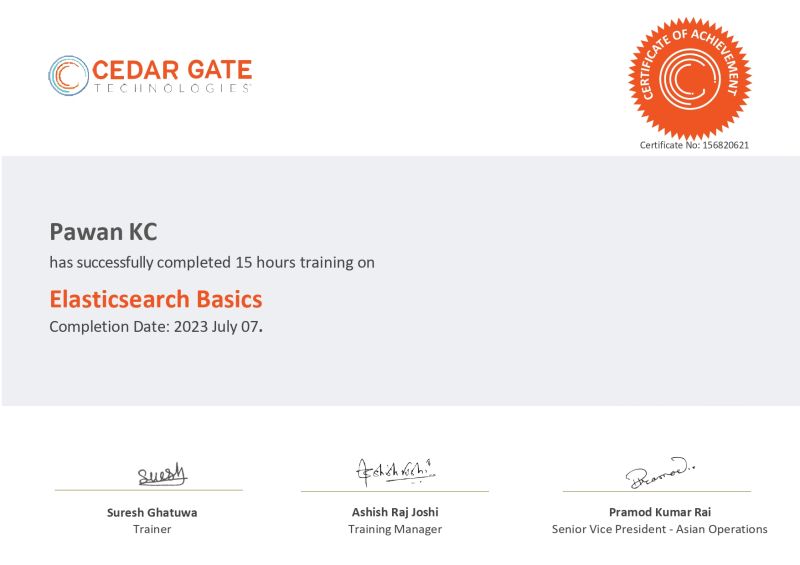 Happy to learn about Elasticsearch Basics. Thank you, Cedar Gate ... Happy to learn about Elasticsearch Basics. Thank you, Cedar Gate ...
