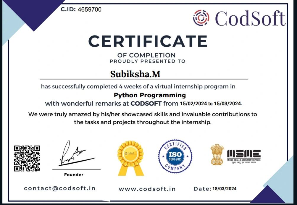 Completed a Python programming intenship | Subiksha mohan posted on the ... Completed a Python programming intenship | Subiksha mohan posted on the ...