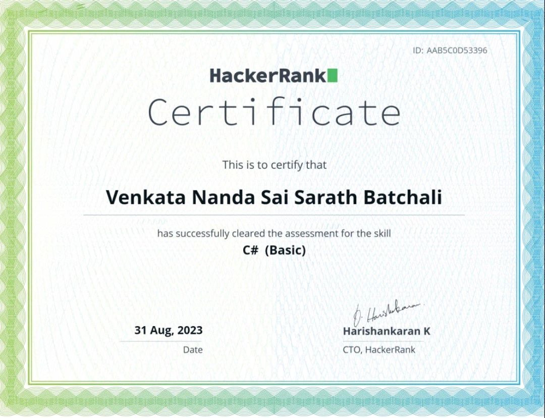 Venkata Nanda Sai Sarath Batchali on LinkedIn: Hacker Rank c#(basic ... Venkata Nanda Sai Sarath Batchali on LinkedIn: Hacker Rank c#(basic ...