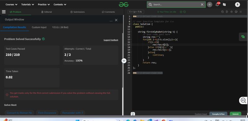 Today I solved a question on STRINGS in DSA. I passed all test cases ... Today I solved a question on STRINGS in DSA. I passed all test cases ...