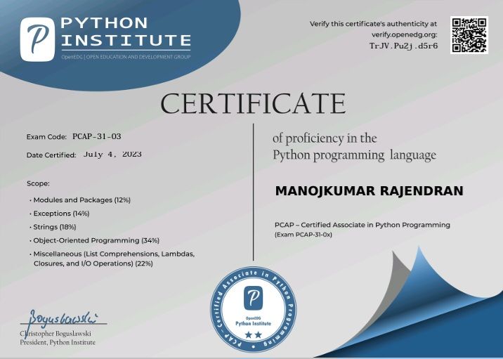 Manojkumar Rajendran on LinkedIn: PCAP - Certified Associate in Python ... Manojkumar Rajendran on LinkedIn: PCAP - Certified Associate in Python ...