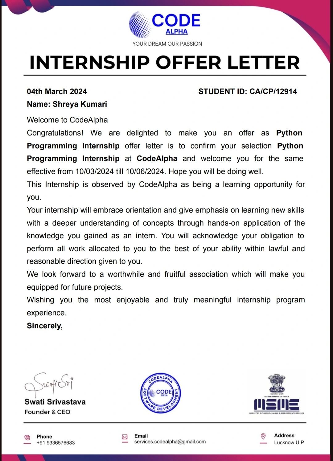 Shreya Kumari on LinkedIn: #codealpha #internship #pythonprogramming Shreya Kumari on LinkedIn: #codealpha #internship #pythonprogramming