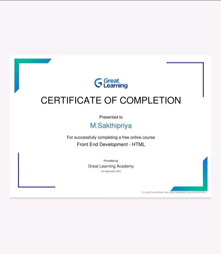 Front End - HTML., | sakthi Priya.M Front End - HTML., | sakthi Priya.M