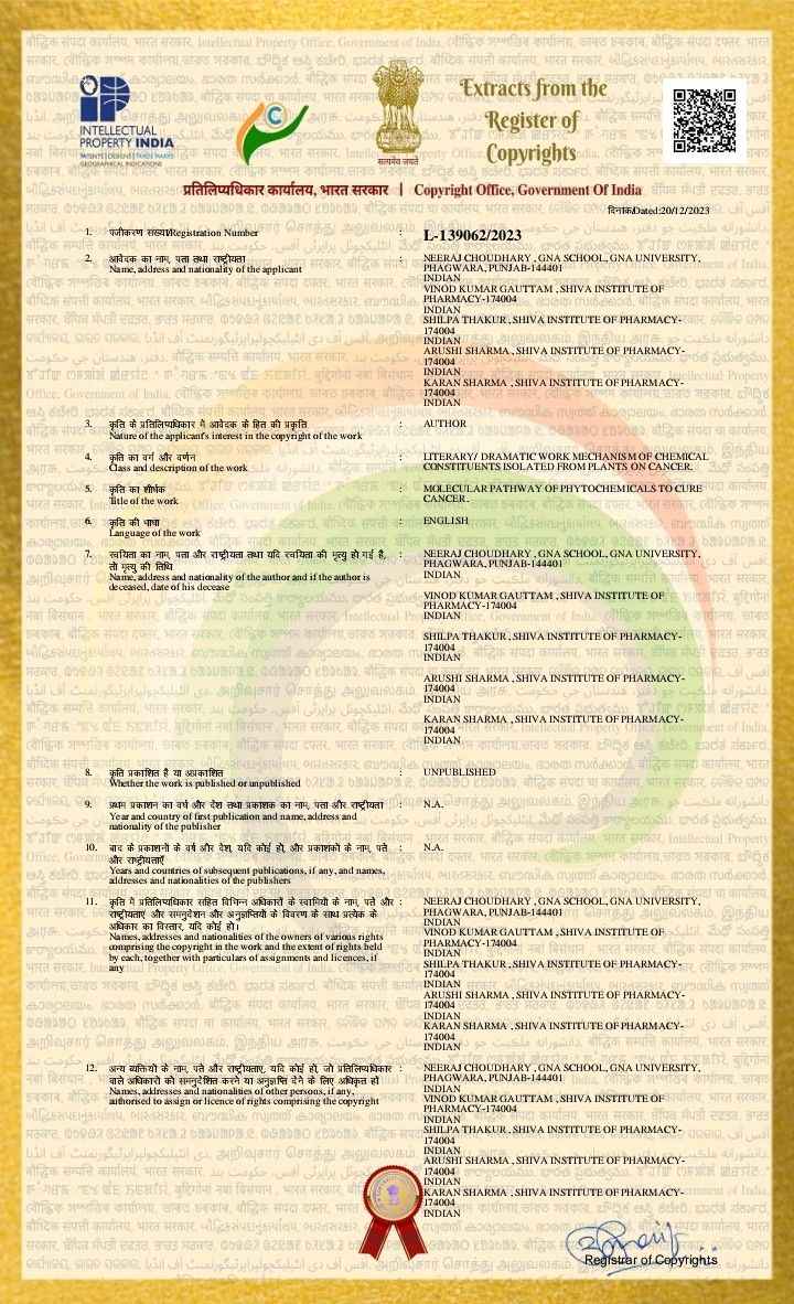 Dr. Neeraj Choudhary on LinkedIn: Copyright granted on molecular ... Dr. Neeraj Choudhary on LinkedIn: Copyright granted on molecular ...