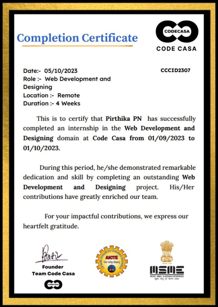 PIRTHIKA P N on LinkedIn: #webdevelopmentanddesigning #internship PIRTHIKA P N on LinkedIn: #webdevelopmentanddesigning #internship