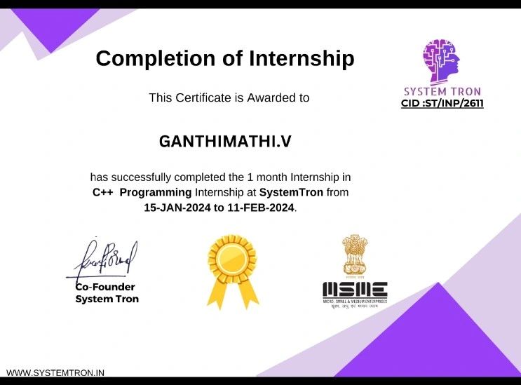 Ganthimathi .V on LinkedIn: #cplusplus #systemtron #internshipcompletion Ganthimathi .V on LinkedIn: #cplusplus #systemtron #internshipcompletion
